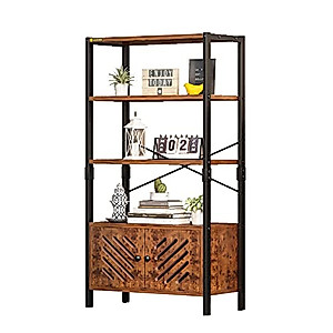 YQ FUNLIS Tall 3-Tier Bookshelf with Doors,Wooden Bookcase with Storage,Standing Display Storage Cabinet Shelves Rustic Bookcase for Home Living Room Bedroom Office