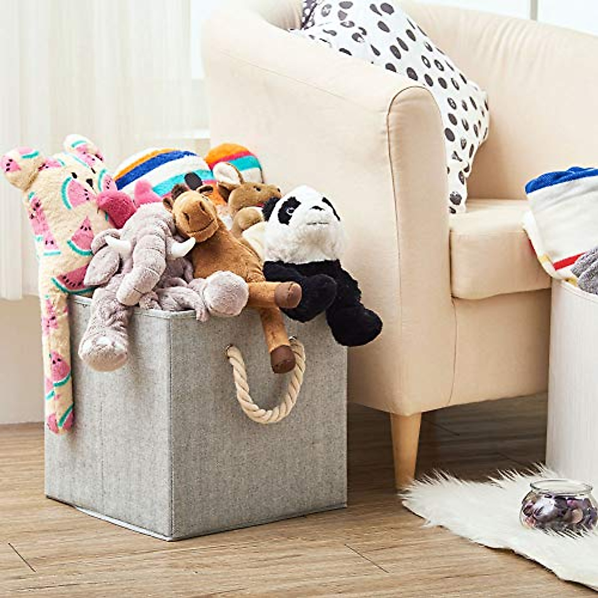 EZOWare [Set of 4] Foldable Fabric Storage Cube Bins with Cotton Rope Handle, Collapsible Resistant Basket Box Organizer for Shelves Closet Toys and More – Gray 12x12x12 inch