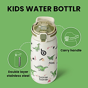 BOTTLE BOTTLE Kids Water Bottle with Straw Lid 16 oz Stainless Steel Reusable Tumbler Water Bottles Kids for School Travel,Gifts for Boys and Girls Dinosaur