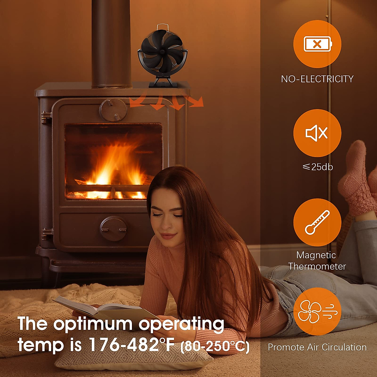 Wood Stove Fan, Fireplace Fan with 180° Up and Down Rotation, 6 Blades Stove Fans, Silent Motors, Push Horizontal Air Flow, Heat Powered Wood Stove Fan for Wood Burning Stove/Gas/Pellet/Log