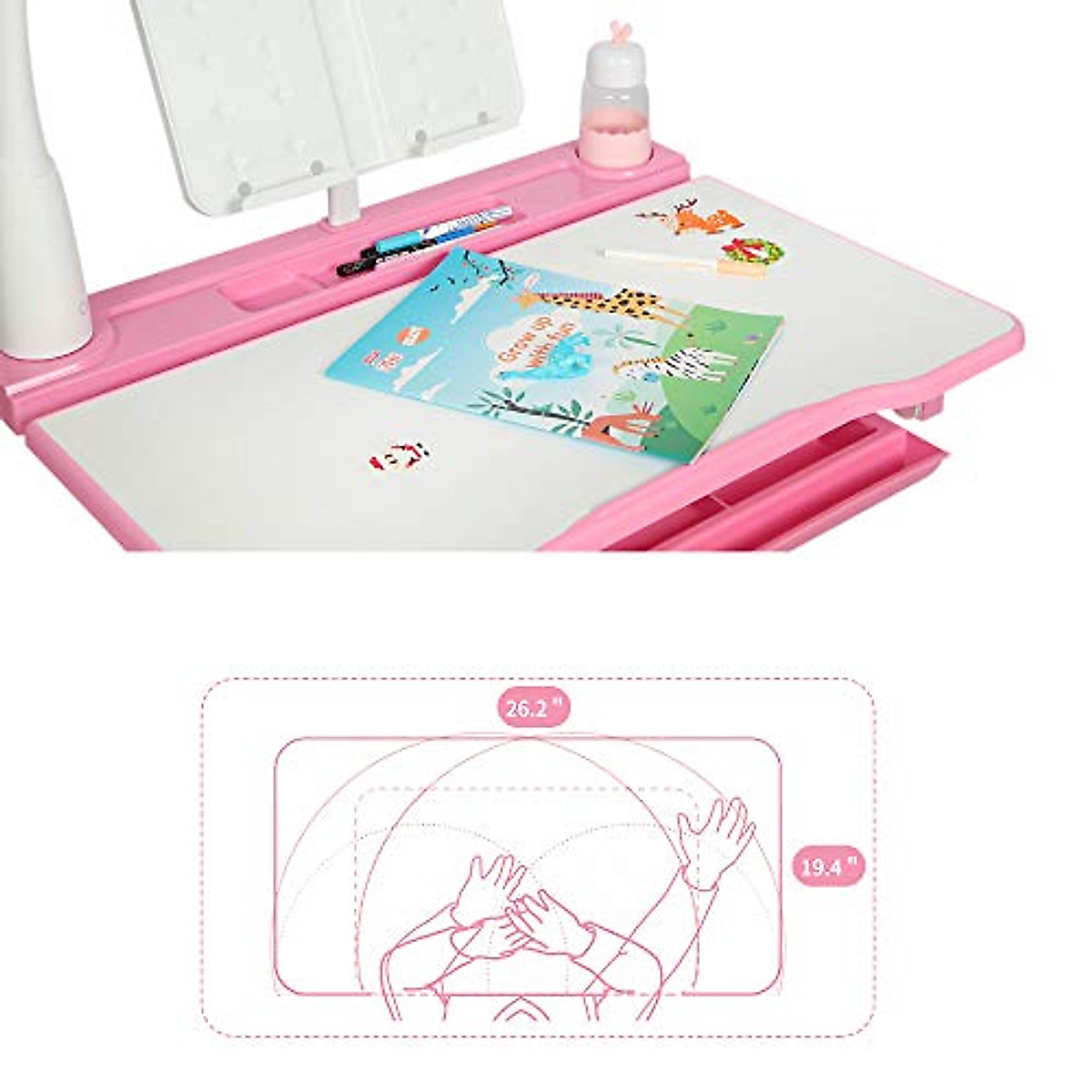 Diroan Kids Functional Desk and Chair Set, Ergonomic Height Adjustable Children School Study Desk with Tilt Desktop, Book Stand, LED Light, Metal Hook and Storage Drawer for Boys Girls(Pink)