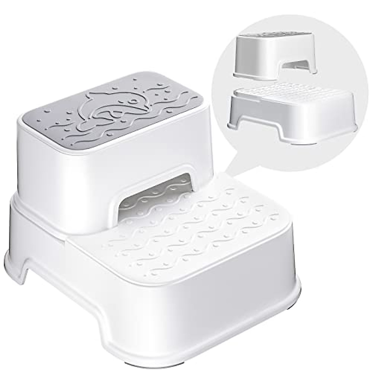 Two Step Stool for Kids, Double up Toddler Step Stool for Potty Training, Kitchen, Bathroom, Toilet Stool with Anti-Slip Strips for Safety, Stackable, Wide Step (1 Pack White)