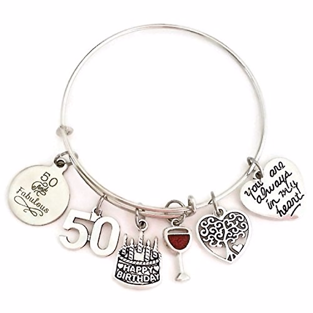 Kit's Kiss 50th Birthday Bracelet, Birthday Gift for Women, 50 and Fabulous Bracelet, Birthday Bangle Bracelet, Birthday Charm, Tree of Life Charm, Birthday Bangle Jewelry (50th Birthday)
