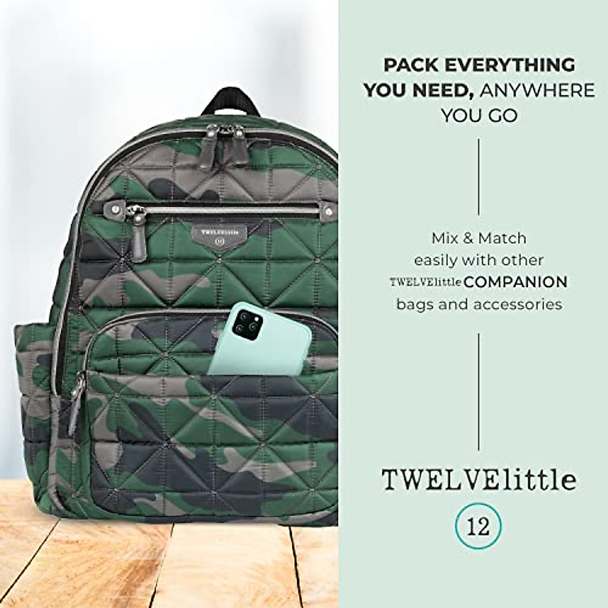 TWELVElittle Companion DiaperBag Backpack (Camo Print) 3.0 *NEW* - Includes Changing Pad & Stroller Clips. Insulated pockets. Fashionable Diaperbag Backpack