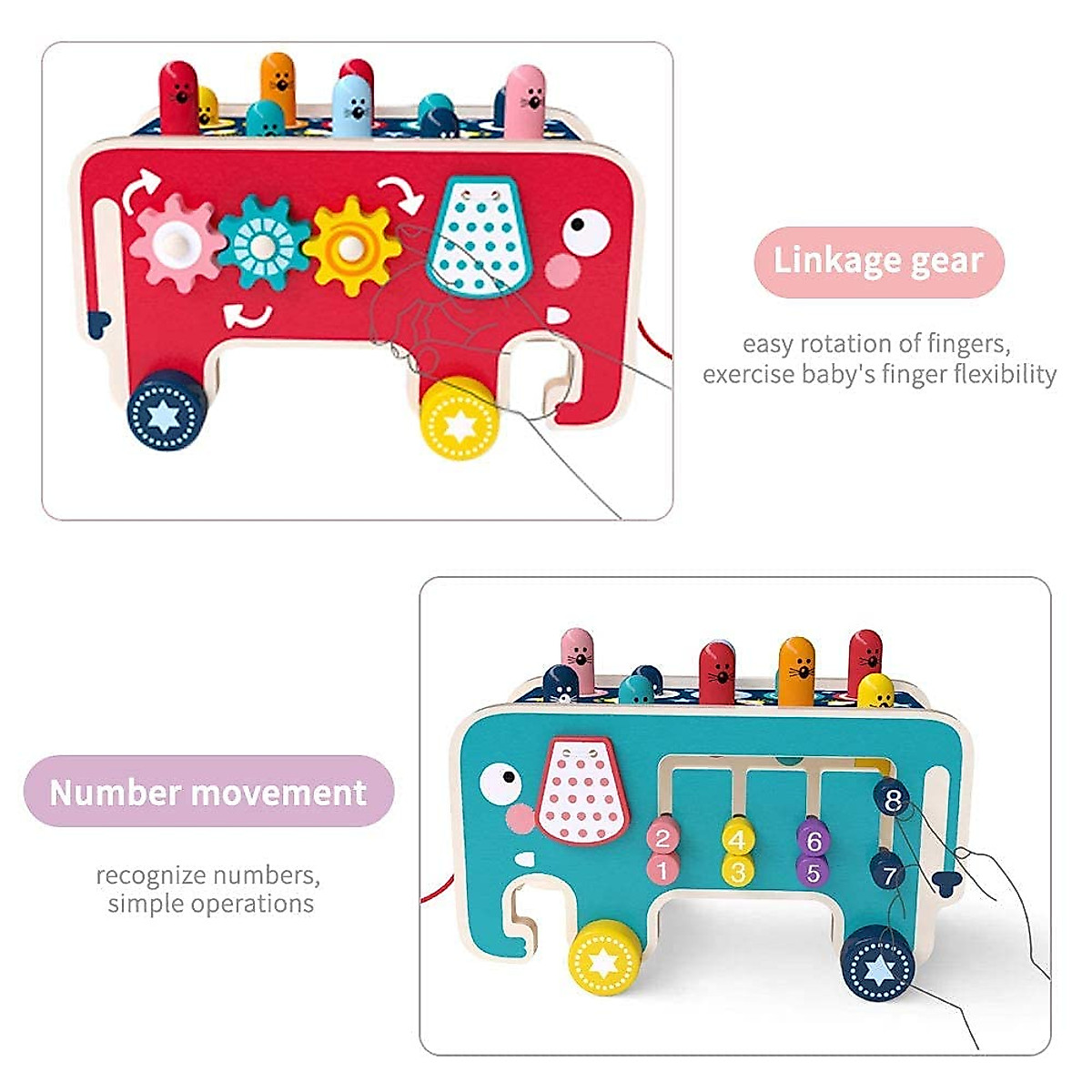 NUKied Wooden Hammering and Pounding Toys, Wooden Toys for 1 Year Old with 2 Mallets Pull Along Elephant Gopher Toy, Montessori Toys for 1 2 3 Year Old Toddler Boys Girls Birthday