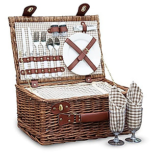 SatisInside Picnic Basket for 2 Wicker Picnic Set with Insulated Liner for Camping,Wedding,Valentine Day,Gift - Reinforced Handle, Coffee