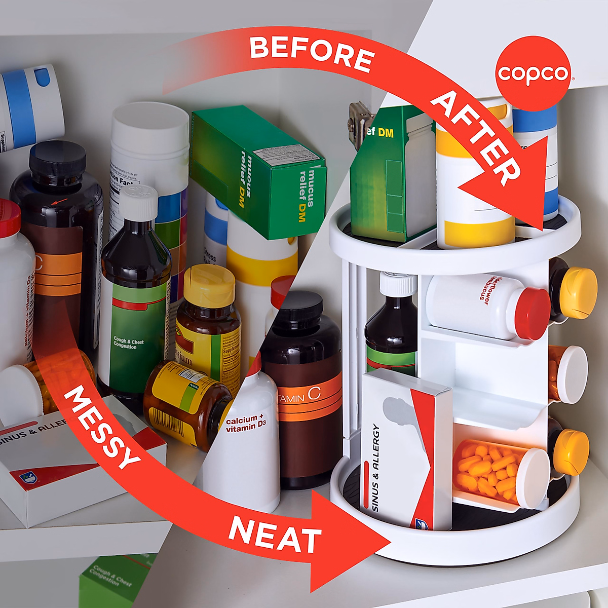 Copco White and Gray 2 Tier Vitamin Turntable with 6 Cradles for Vitamins, Supplements, ect with Non Slip Grip and Stacked Layers for Spae Saving