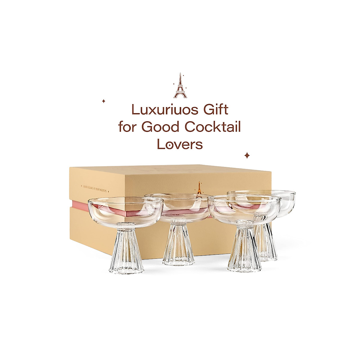 Paris Coupe Cocktail and Champagne Glasses for Daiquiri, Sidecar, Gimlet and Classic Bar Drinks | Modern Glassware Collection | Set of 4 | 8 oz Extra Light Contemporary Borosilicate Saucers