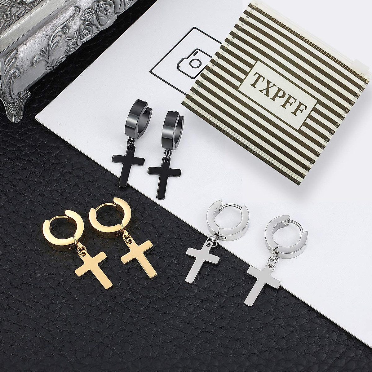 TXPFF 3 Pairs of Cross Earrings Dangle Hinged Men Earrings Stainless Steel Cross hoop Earrings for Men and Women,Silver,Gold,Black(small）