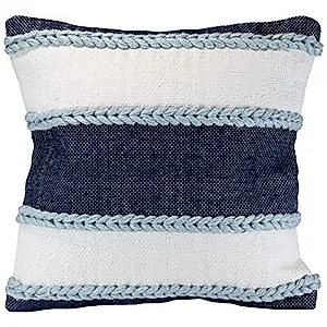 Foreside Home & Garden FIPL09254 Blue Decorative Striped Hand Woven 20x20 Outdoor Throw Pillow w/Pulled Yarn Accent