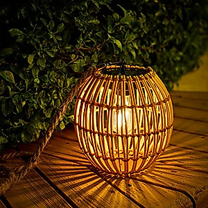 Livinlarge Hanging Solar Lantern Outdoor Waterproof, Large Solar Rattan Lantern Outdoor with Twine Handle, Bright Solar Outdoor Lights with Edison Bulb for Garden Patio Yard Decoration
