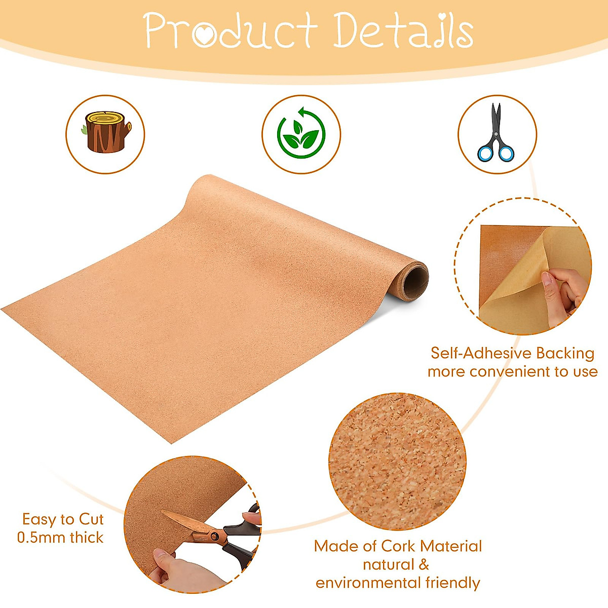 8 Pack Self Adhesive Cork Roll 18 x 47 Inches Long Cork Roll Bulk 0.5 mm Thick Cork Backing Sheets Drawer Shelf Liner for Coaster, Wall Decoration, DIY Crafting, Halloween Party, Door Signs