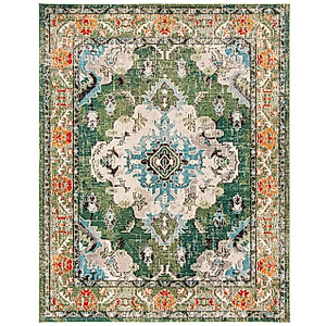 SAFAVIEH Monaco Collection Area Rug - 9' x 12', Forest Green & Light Blue, Boho Medallion Distressed Design, Non-Shedding & Easy Care, Ideal for High Traffic Areas in Living Room, Bedroom (MNC243F)