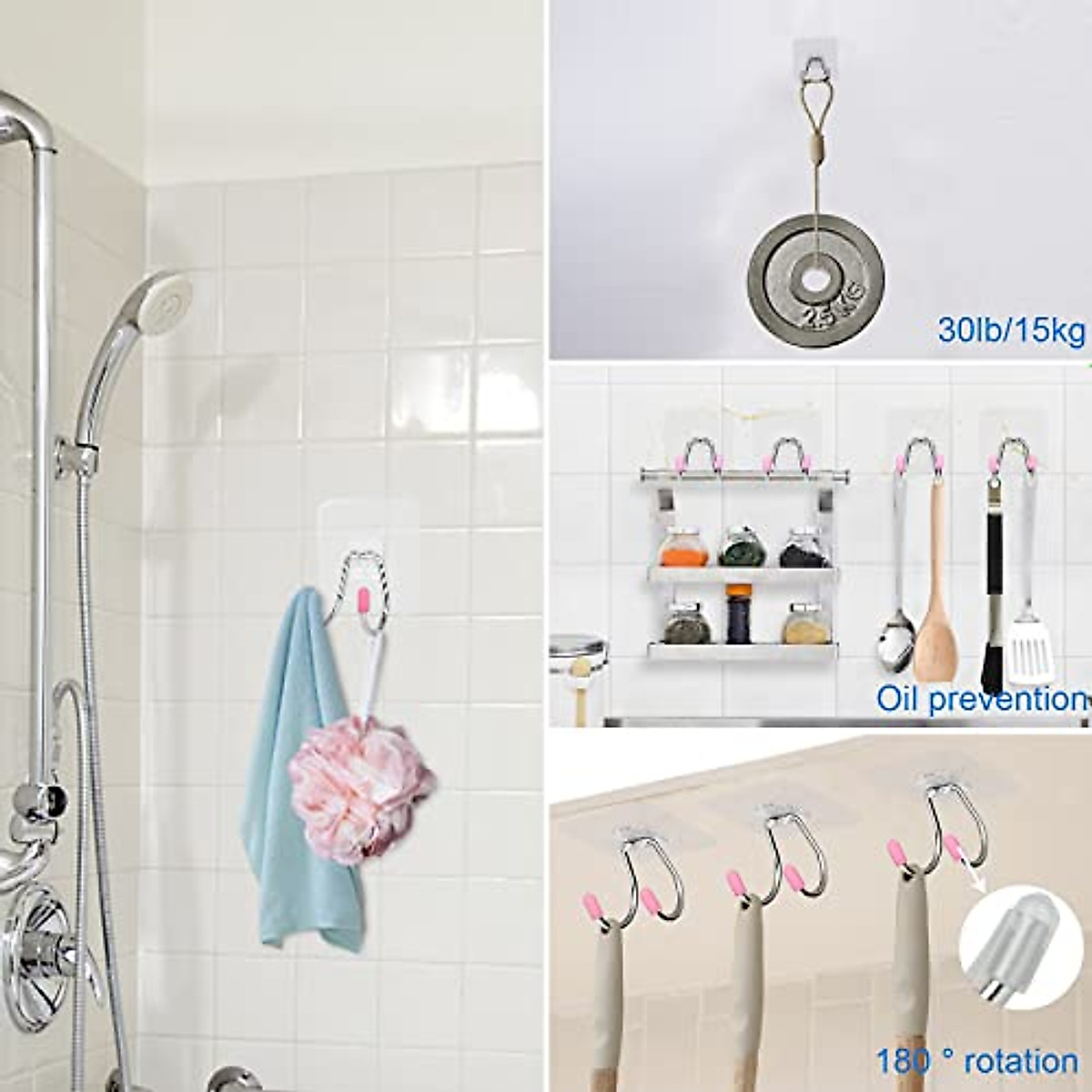 KAZOKU Adhesive Hooks 30lb(Max) for Hanging Heavy Duty Self Adhesive Hooks Transparent Waterproof and Oilproof Wall Hooks for Keys Bathroom Kitchen Office Outdoor Sticky Hook 12 Pack