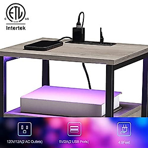 HOSEOKA Night Stand Charging Station and RGB Lights for Night Side Table Nightstand with USB Ports and Outlets Grey Night Stand Table with Drawers Farmhouse Nightstand for Bedroom