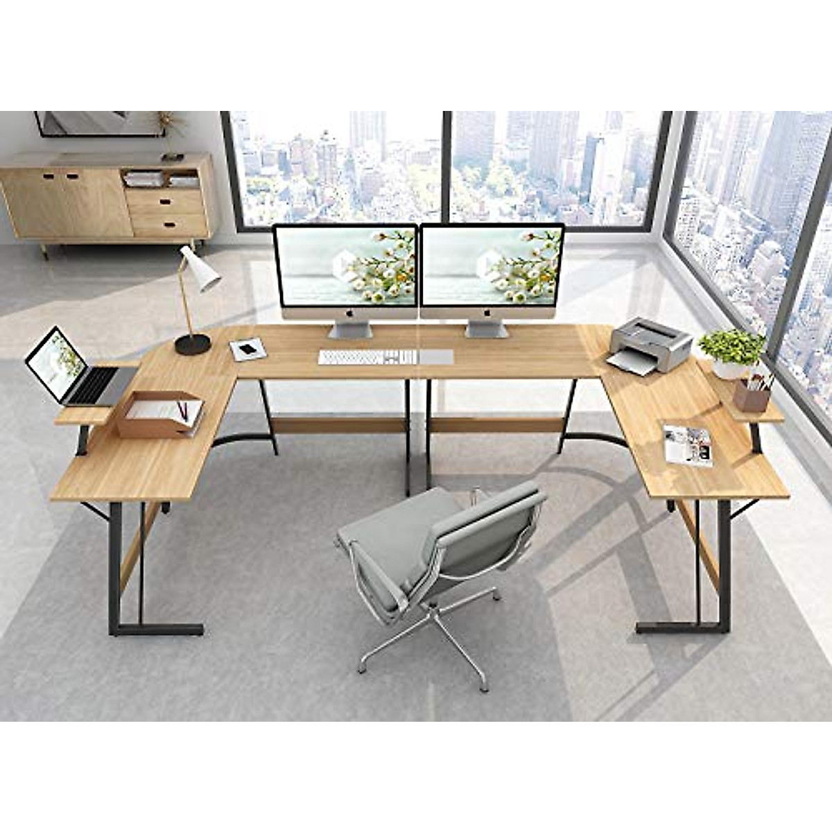 Cubiker Modern L-Shaped Desk Computer Corner Desk, PC Laptop Writing Study Desk for Home Office Wood & Metal