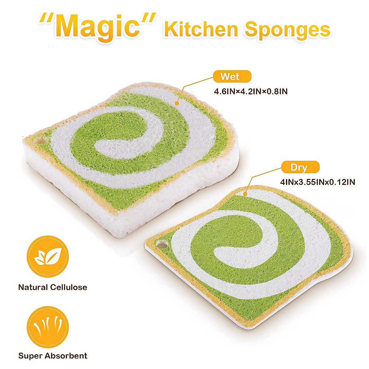 6-Count Toast Shaped Kitchen Sponges for Scratch-Free Dishwashing and Cleaning, Cute and Biodegradable, 40% Larger Compressed Cellulose Sponges, Eco Pop Up Natural Dish Sponges by NECAMOCU