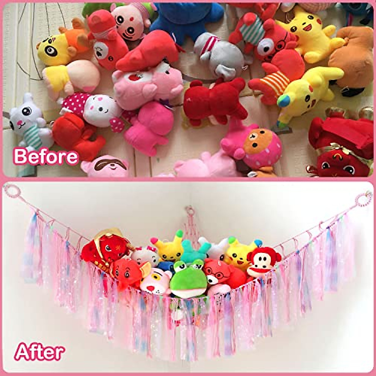 Stuffed Animal Net or Hammock with LED Light, Toy Hammock Hanging Stuffed Animal Storage Organizer Holder Boho Decor for Nursery Playroom Bedroom Kids Room Storage (Pink)