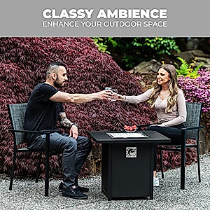 Outland Living Main Street 430 Model Square Fire Pit Table for Outside Patio – 28" Compact Outdoor Propane Gas Fire Table, Black – with Glass Rocks Set, Pre-attached 1m Hose and Regulator