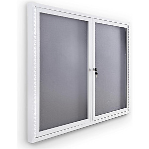 Displays2go 4' x 3' Enclosed Message Board, Sliding Doors, Locking, Gray Fabric - White (FBSW43WHLG)