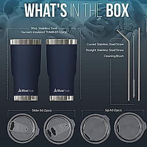 BluePeak Double Wall Vacuum Stainless Steel Insulated Tumblers Set, 2-Pack - Includes 2 Sipping Lids, 2 Spill-Proof Sliding Lids, 2 Straws, 1 Cleaning Brush & Gift Box (30 oz, Navy)