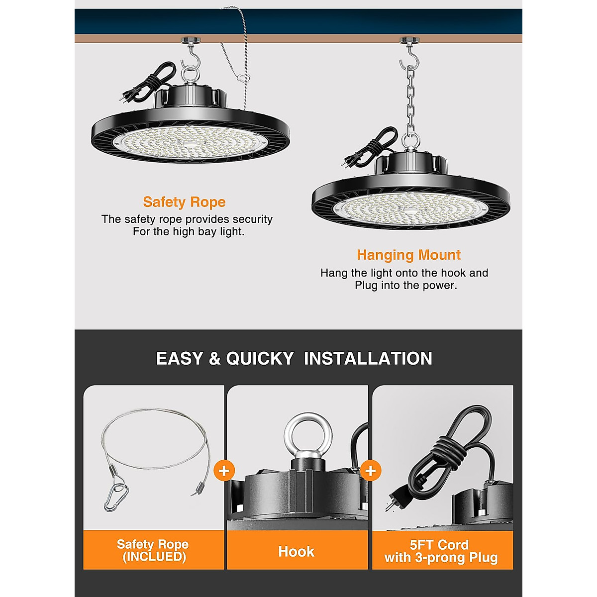 ONLYLUX 12 Pack UFO LED High Bay Lights, 150W 5000K Daylight, 22500LM (Eqv. 800W MH/HPS), Commercial LED Shop Lights with US Plug for Garage Workshop Warehouse Barn, Plug&Play