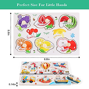 Wooden Peg Puzzles for Toddlers 1-3, Kids' Educational Preschool Peg Puzzle Toy, Set of 3 Toddler Puzzles - Traffic, Dinosaur, and Fruit, Ideal Gift for Ages 1 2 3 Boys and Girls