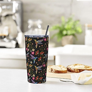 20oz Tumbler Colorful Bird Flowers Double Wall Vacuum Insulated Coffee Mug with Lid and Metal Straw Brush Reusable Stainless Steel Water Bottle Travel Cup Gifts for Car Ice Drinks Hot Beverage