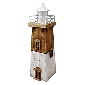 Waroom Home Rustic Wood Lighthouse Decor with Light Tabletop Nautical Decor, Wooden Decoration Beach Themed Coastal for Mediterranean 13.78H inch