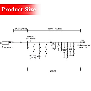 AWQ 400LED 32Ft Icicle Lights Curtain Fairy Light Christmas String Lights Outdoor Dripping Lights 8 Modes for Christmas Thanksgiving Wedding Party Home Bedroom Indoor Outdoor Decor (White)