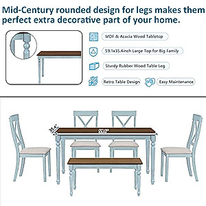 Harper & Bright Designs 6 Pieces Dining Table Set, Kitchen Table Set with Wood Dining Table, Bench and 4 Padded Dining Chairs, Walnut Top+ Light Blue Frame+Beige Seat