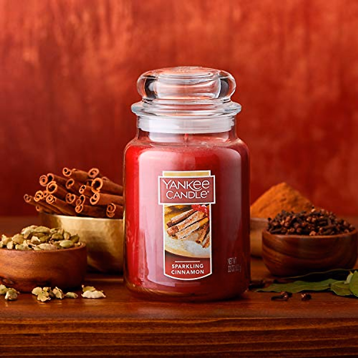Yankee Candle Sparkling Cinnamon Scented, Classic 22oz Large Jar Single Wick Candle, Over 110 Hours of Burn Time