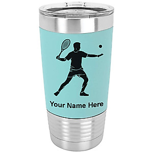 LaserGram 20oz Vacuum Insulated Tumbler Mug, Tennis Player Man, Personalized Engraving Included (Silicone Grip, Teal)