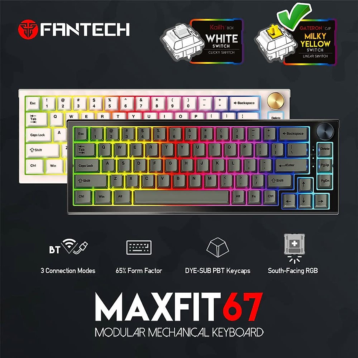 FANTECH MAXFIT67 3-Mode Custom Mechanical Gaming Keyboard RGB Backlit, 65% (67-Key) Hot Swappable Type-C Wired South Facing Mechanical Keyboard, Yellow Switch, White