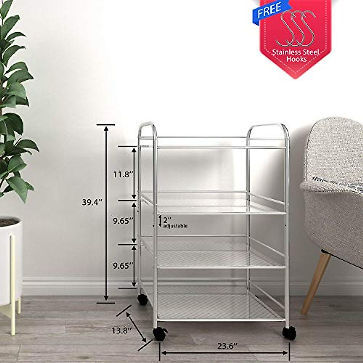 YKEASE 4-Shelf Shelving Units on Wheels Stainless Steel Kitchen Cart Microwave Stand - Bathroom Garage Storage Shelves 24 Inches Wide