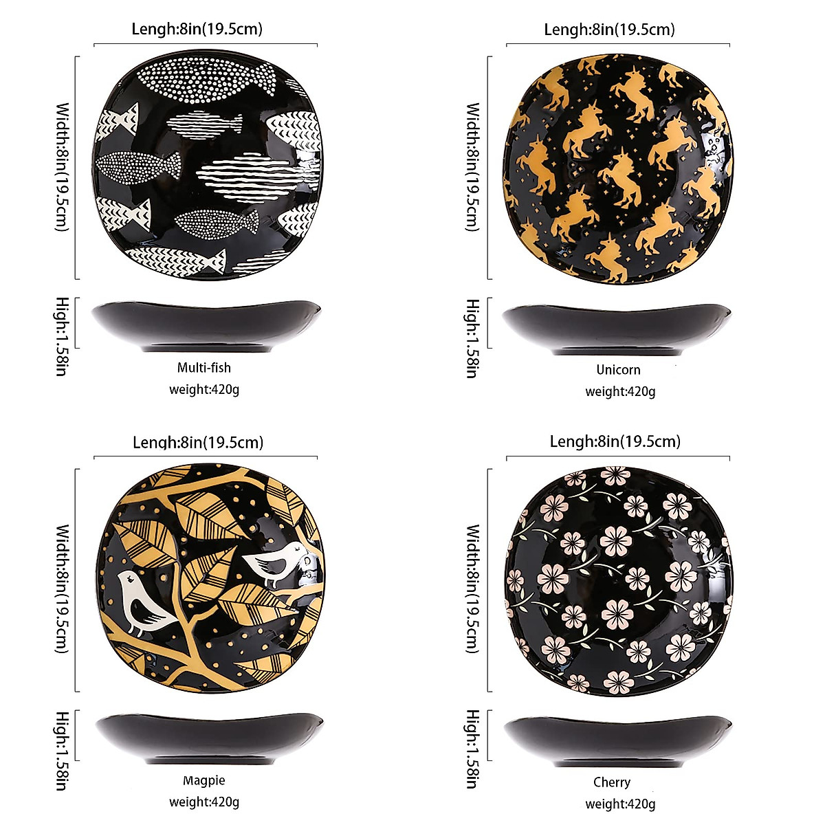 Ceramic Pasta Plates,8 inch Salad Bowls,Set of 4,Microwave and Oven Safe Plate with High Edge,Large Wide Bowls/Plates for Serving Dinner,Salad,Soup,Oatmeal,Mix-Match Pattern,Gift