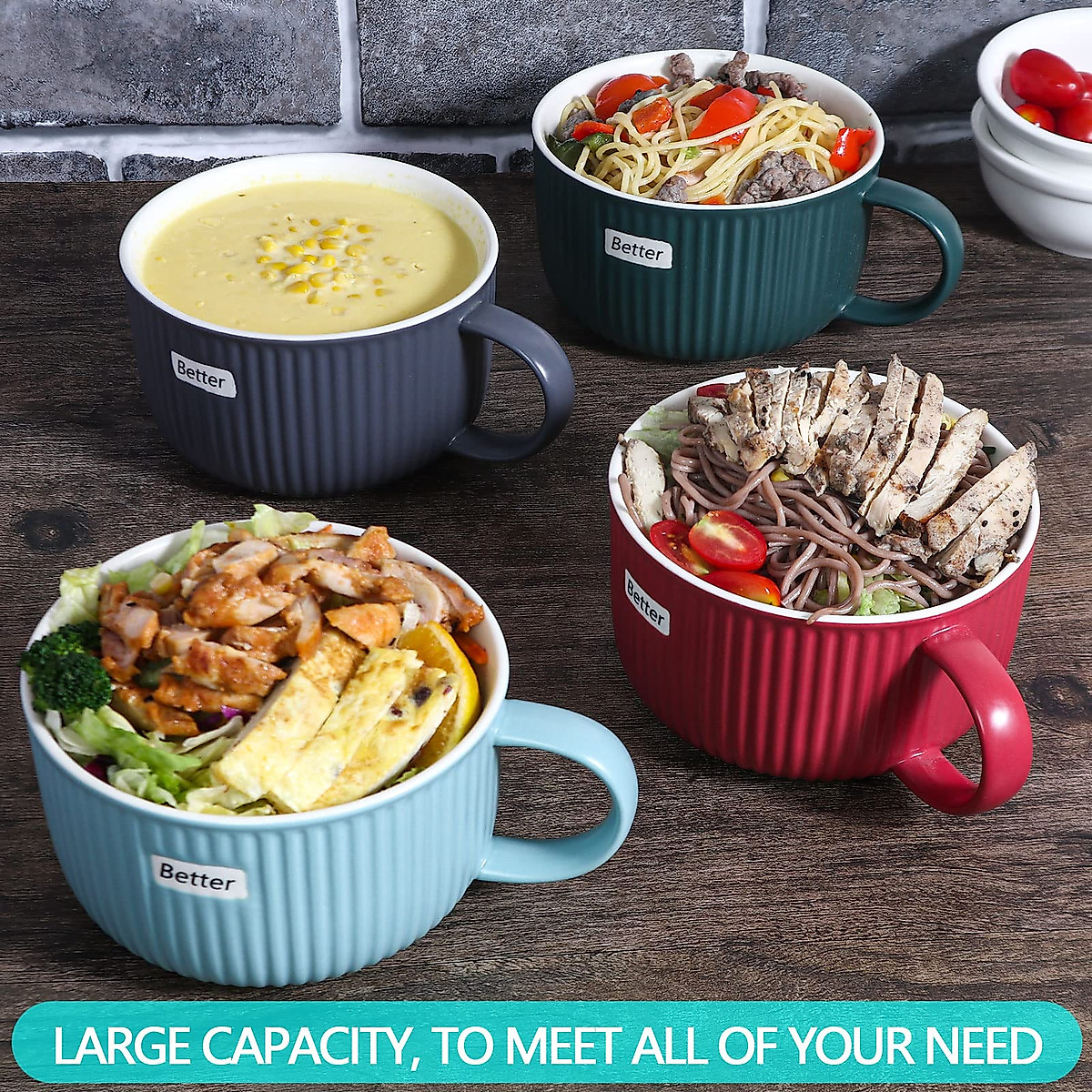 Artena 38 Ounce Soup Bowl with Handles, 6 inch Jumbo Soup Mug with Handles, Wide Large Cereal Bowl for Oatmeal, Gumbo, Salad, Oversized Teal Glazed Ceramic Soup Cup, Microwave & Oven Safe