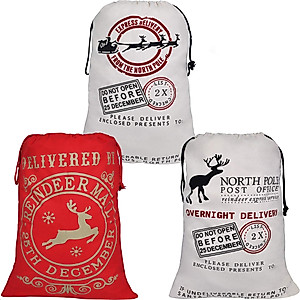 JOYIN 3 Santa Burlap Sack Christmas Gift Bags with Drawstring 26" x 19" for Large Xmas Package Storage, Event Party Supplies, Christmas Party Favors.