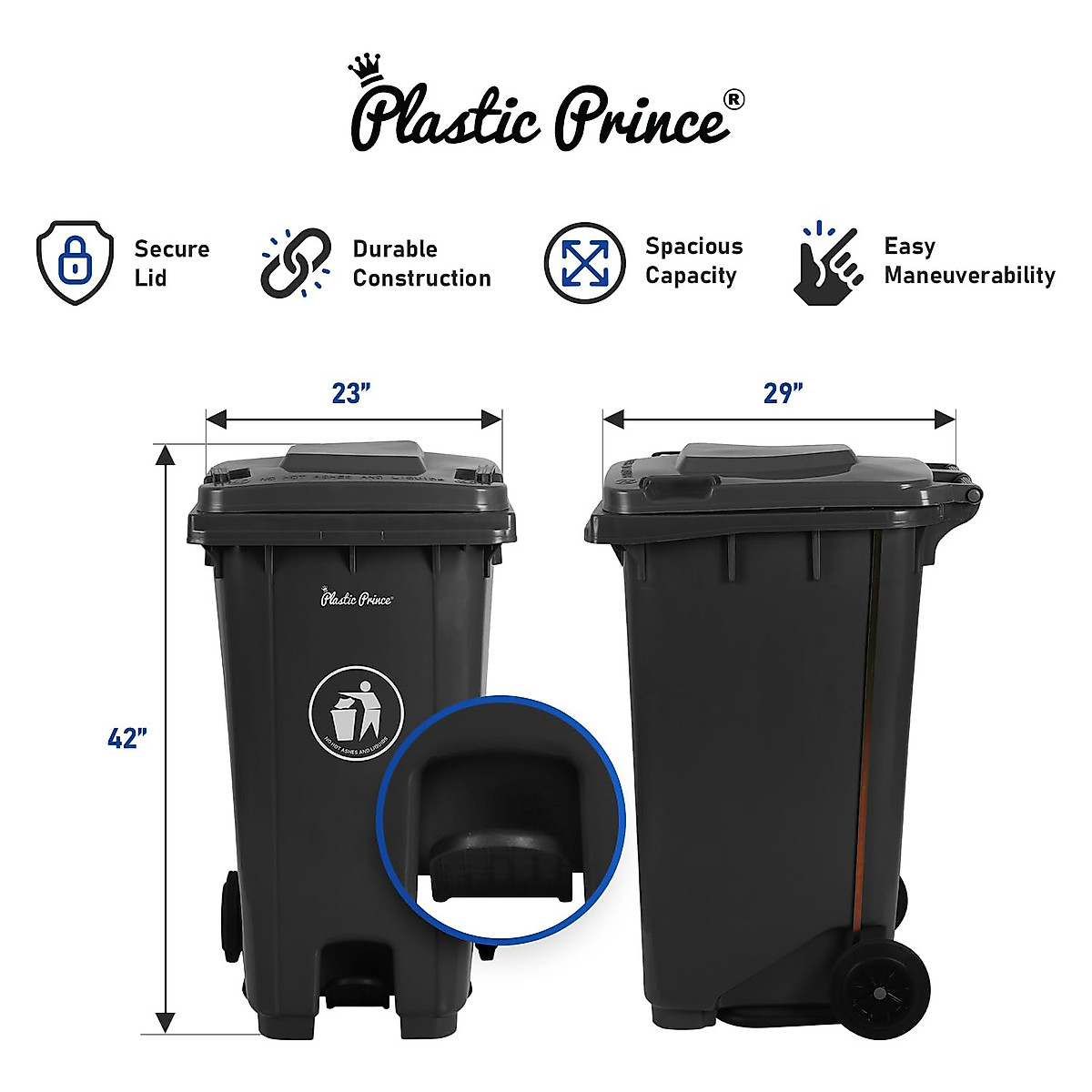 PLASTIC PRINCE 65 Gallon Step-On Rollout Trash Can with Lid, Commercial Heavy-Duty Container with Wheels, Gray