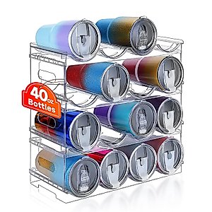 Large Compartment Water Bottle Organizer,4 Tier Stackable Water Bottle Rack for Cabinet,Tumbler Storage Organizer for Kitchen,Fridge,Cabinet Organization and Storage,Clear Water Bottle Storage Rack