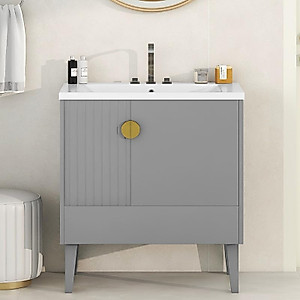 PONNYC 30" Bathroom Vanity with Sink, Freestanding Single Basin Vanity Set w/Doors and Drawer, Solid Frame and MDF Board,Modern Towel Storage Cabinet Grey Organizers for Bathroom,Bathroom Cabinet