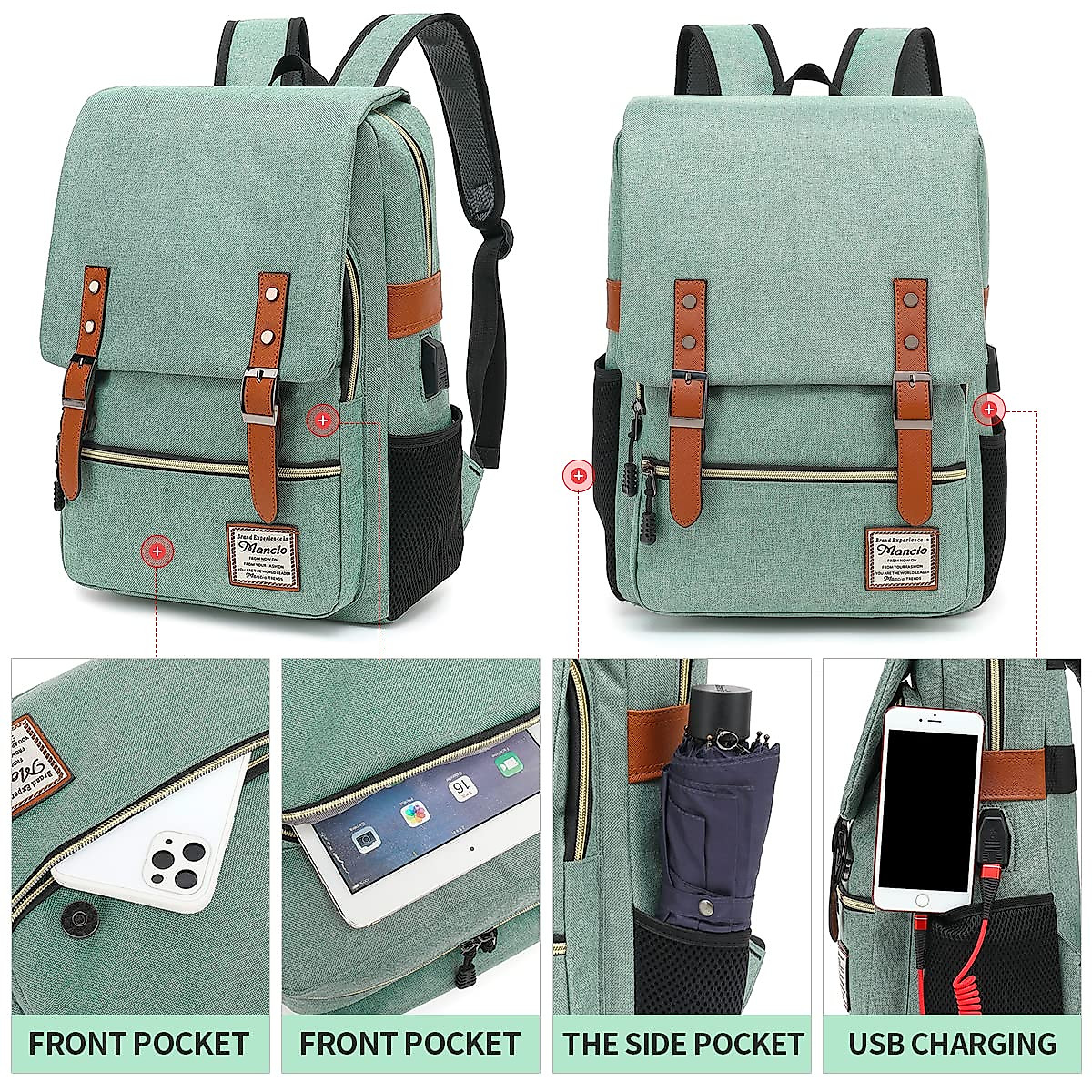 Mancio Vintage Slim Laptop Backpack for Women Men,Tear Resistant Business School College Bag with USB Charging Port, Green.