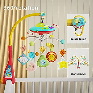 Eners Baby Crib Mobile with Music and Lights, Mobile for Crib with Remote Control, Rotation, Moon and Star Projection, Baby Crib Toys for Boys Girls (Yellow)
