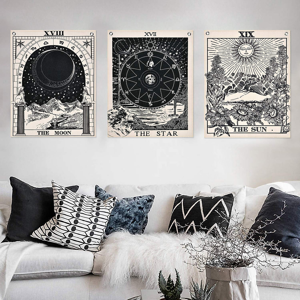 Likiyol Pack of 3 Tarot Tapestry The Sun The Moon The Star Tarot Card Tapestry with Rustproof Grommets, Seamless Nails (Black white, 11.8 x 15.7 inches)