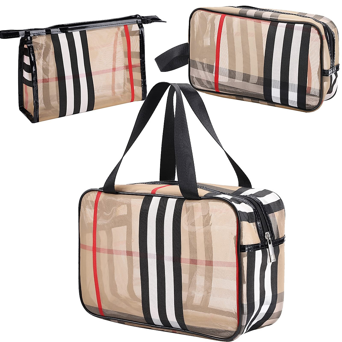 GOLIKEE 3Pcs Makeup Bags Stripes Cosmetic Bag Set Portable Transparent Waterproof Travel Organizer Multifunction Storage Bag Plaid Toiletry Bag for Women (Stripe)