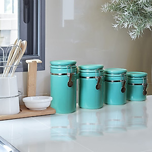 Blue Donuts 4-Piece Canister Sets for Kitchen Counter - Ceramic Airtight Food Storage Containers, Kitchen Canisters with 4 Wooden Spoons, Set of 4-45 Oz, 40 Oz, 33 Oz, 25 Oz, Turquoise