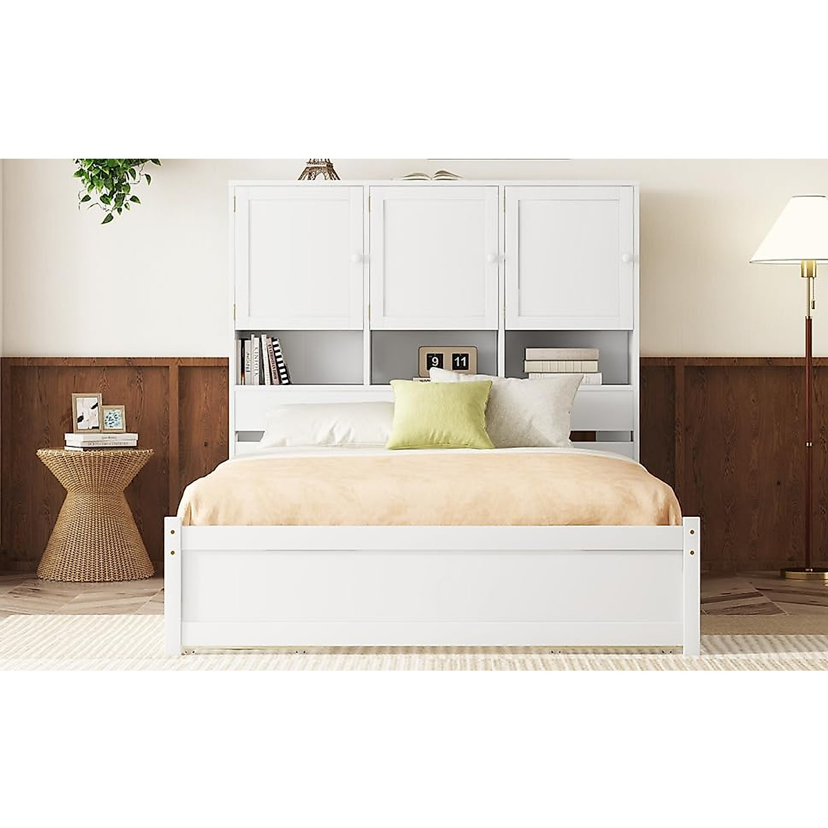 GM Ultra Queen Size Bed Frame with Storage Headboard, Bed Frame Queen Size with 4 Storage Drawers Cabinet, Platform Bed Frame Queen Size with Cabinet, No Box Spring Needed, Easy Assembly, White
