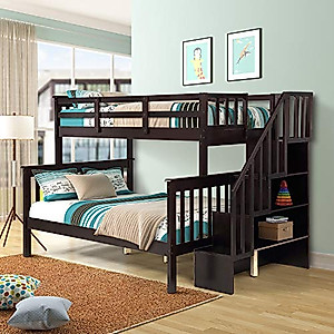 TARTOP Twin Over Full Bunk Bed with Stairs, Solid Wood Stairway Bunk Bed with Storage and Guard Rail for Kids Teens Adults – Espresso