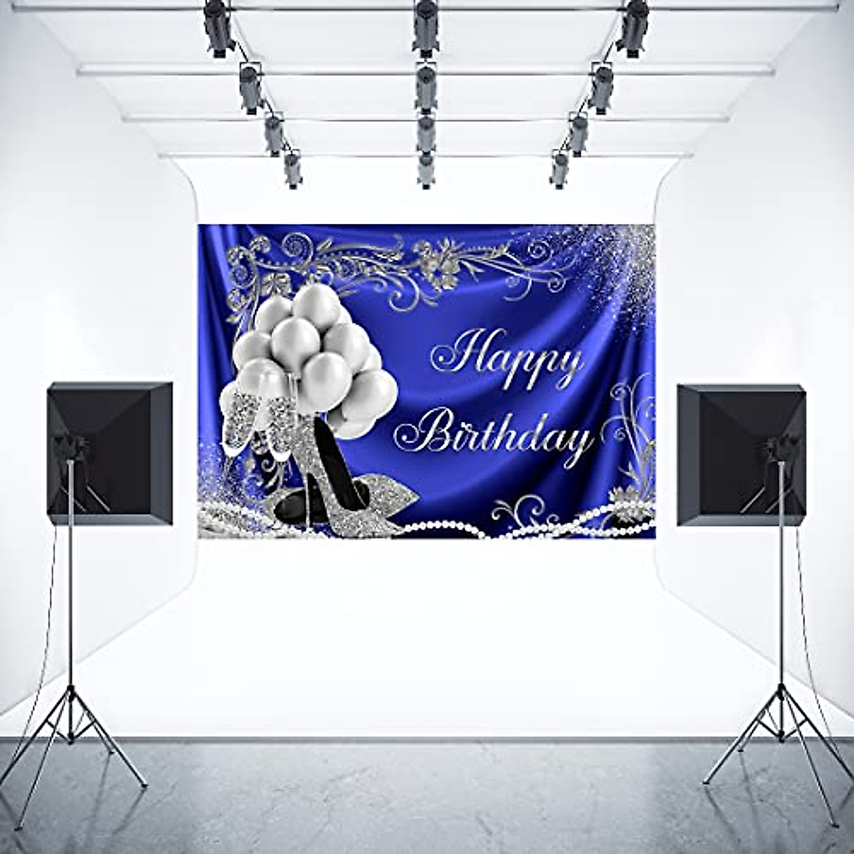 Aperturee 7x5ft Happy Birthday Backdrop Glitter Silver and Blue Dots Balloons High Heels Glasses Photography Background Adult Girls Women Sweet 16 Party Decoration Cake Table Banner Photo Booth Studio