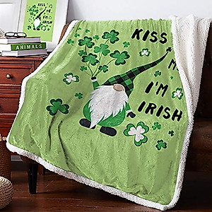 Irish Gnome with Lucky Clovers Sherpa Flannel Throw Blankets Thick Reversible Plush Fleece Blanket for Bed Couch Sofa Decor St. Patrick's Day,Ultra Soft Comfy Warm Fuzzy TV Blanket